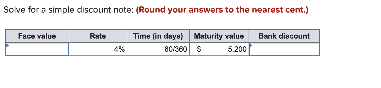 Solved Solve for a simple discount note: (Round your answers | Chegg.com