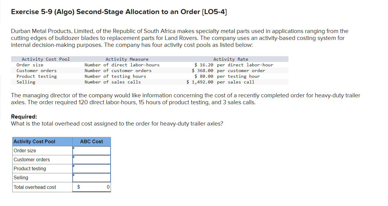 Solved Exercise 5-9 (Algo) Second-Stage Allocation to an | Chegg.com