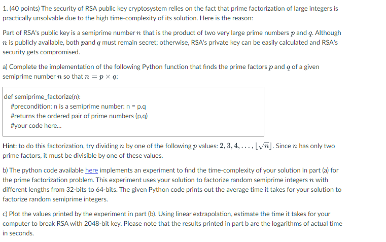 Solved 1 40 Points The Security Of Rsa Public Key 