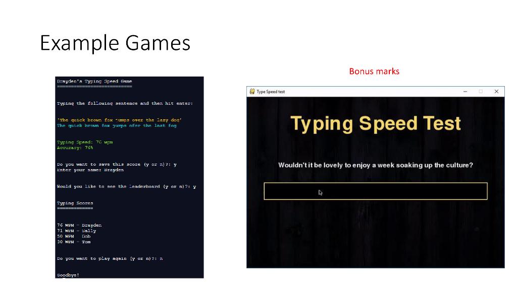 Example Games Bonus marks Brayden's Typing Speed Game | Chegg.com