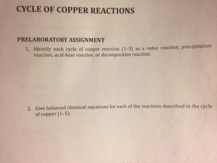 CYCLE OF COPPER REACTIONS PRELABORATORY ASSIGNMENT 1. | Chegg.com