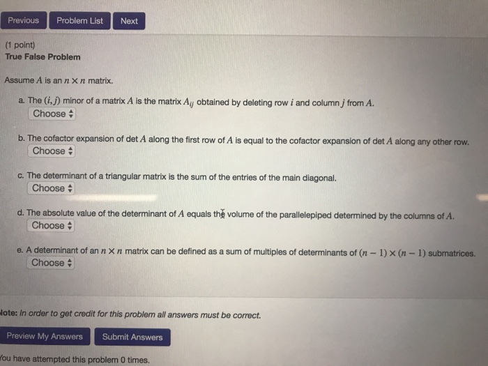 Solved Previous Problem ListNext (1 point) True False | Chegg.com