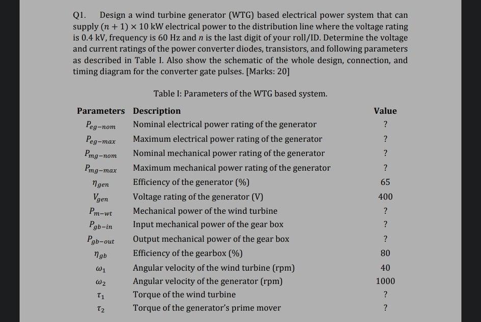 Q1. Design a wind turbine generator (WTG) based | Chegg.com