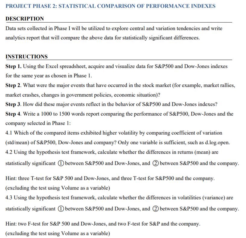 PROJECT PHASE 2: STATISTICAL COMPARISON OF | Chegg.com