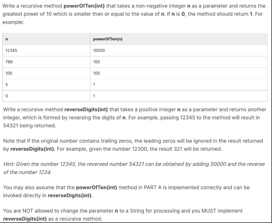 Solved Write a recursive method powerOfTen(int) that takes a | Chegg.com