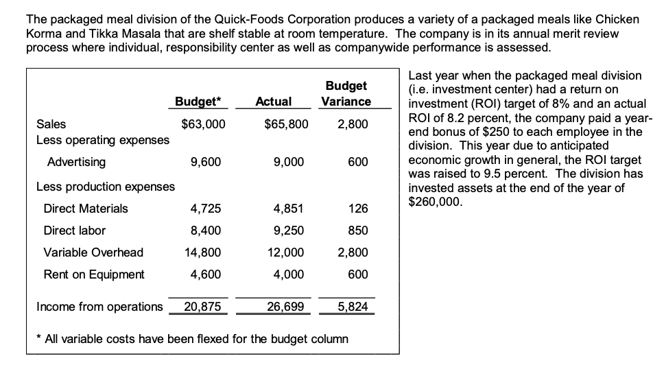 The packaged meal division of the Quick-Foods | Chegg.com