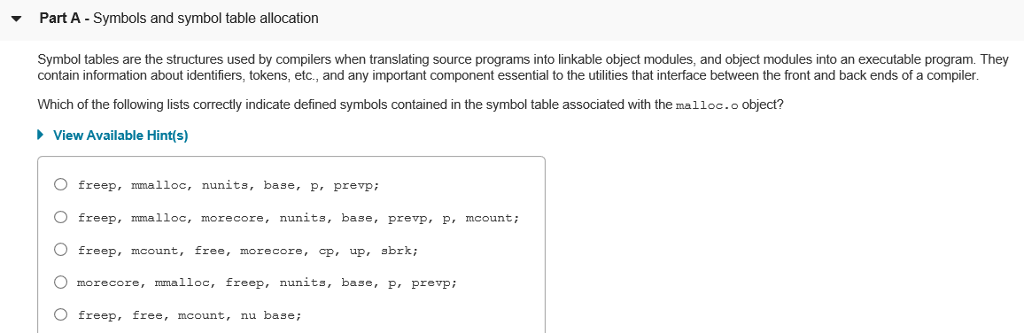 Part A Symbols and symbol table allocation Symbol | Chegg.com