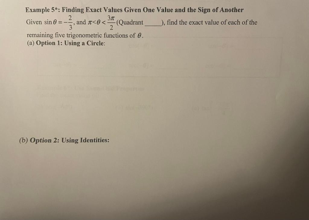 Solved Example 5∗ : Finding Exact Values Given One Value and | Chegg.com