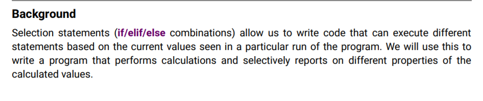 Background Selection statements (if/elif/else | Chegg.com