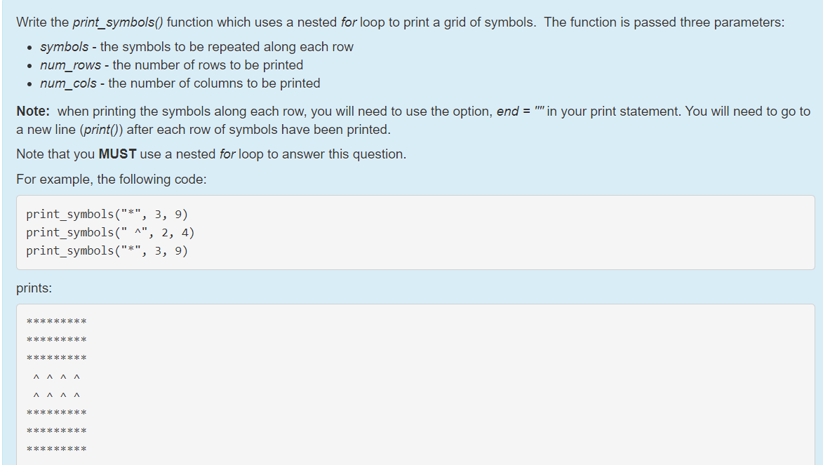 Solved Write the print_symbols() function which uses a | Chegg.com