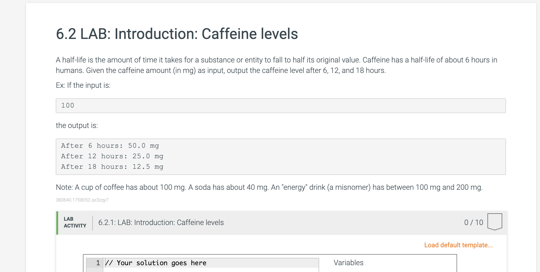 Solved 6.2 LAB: Introduction: Caffeine levels A half-life is | Chegg.com