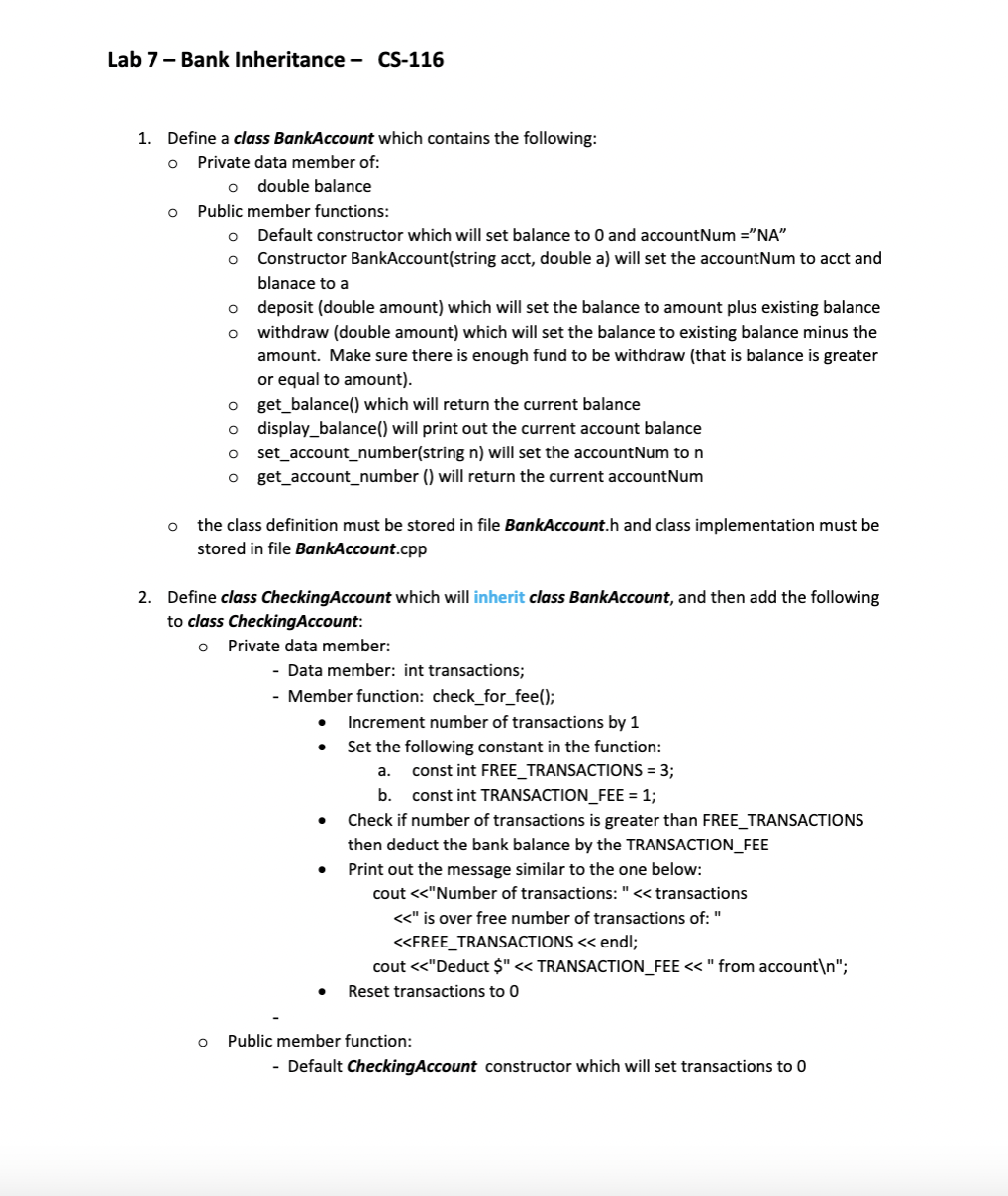 Solved Lab 7 - Bank Inheritance - CS-116 1. o O o o o Define | Chegg.com