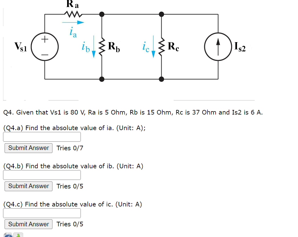 Solved Q4. Given that Vs1 is 80 V,Ra is 5Ohm,Rb is 15Ohm,Rc | Chegg.com