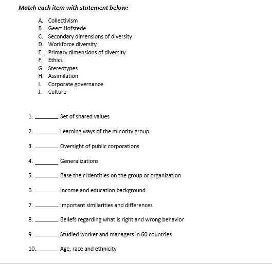 Solved Match each item with statement below: A. Collectivism | Chegg.com