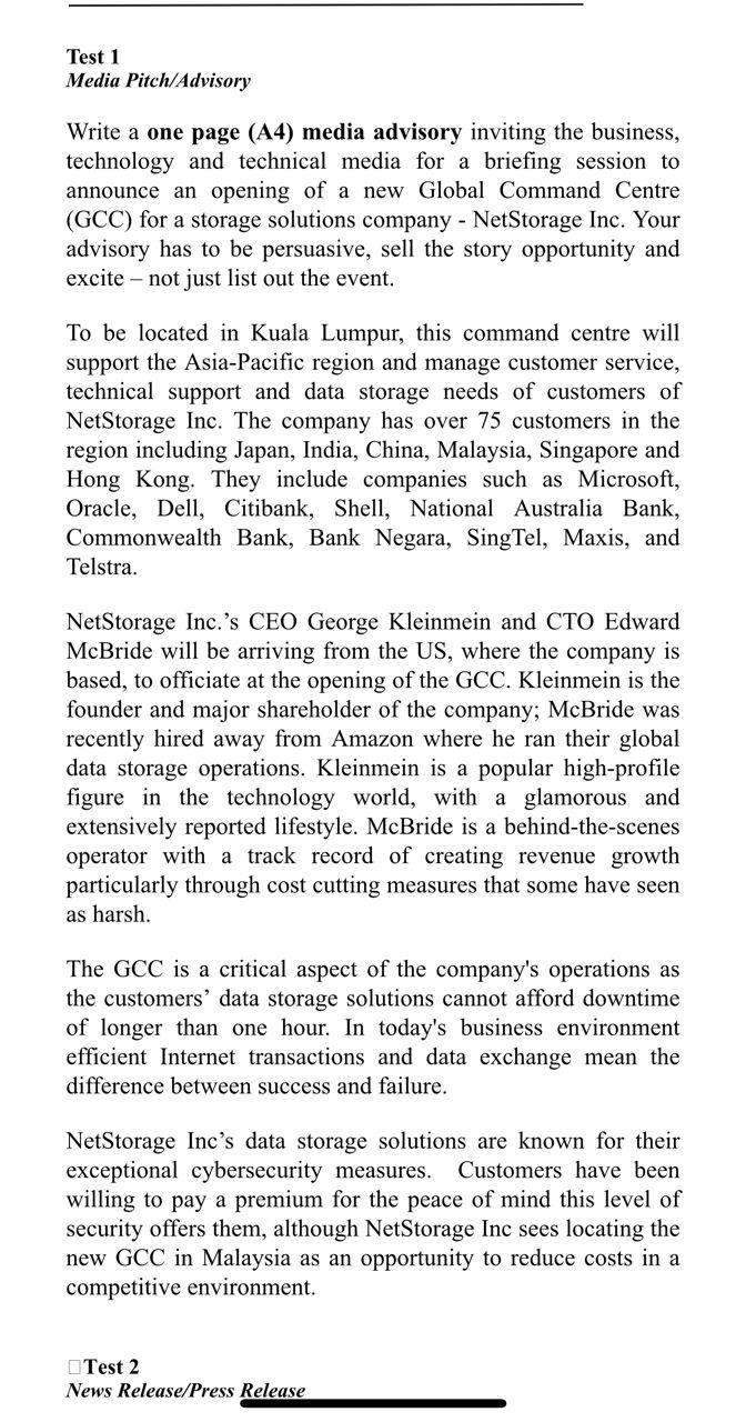 Solved Test 1 Media Pitch/Advisory Write a one page (A4) | Chegg.com