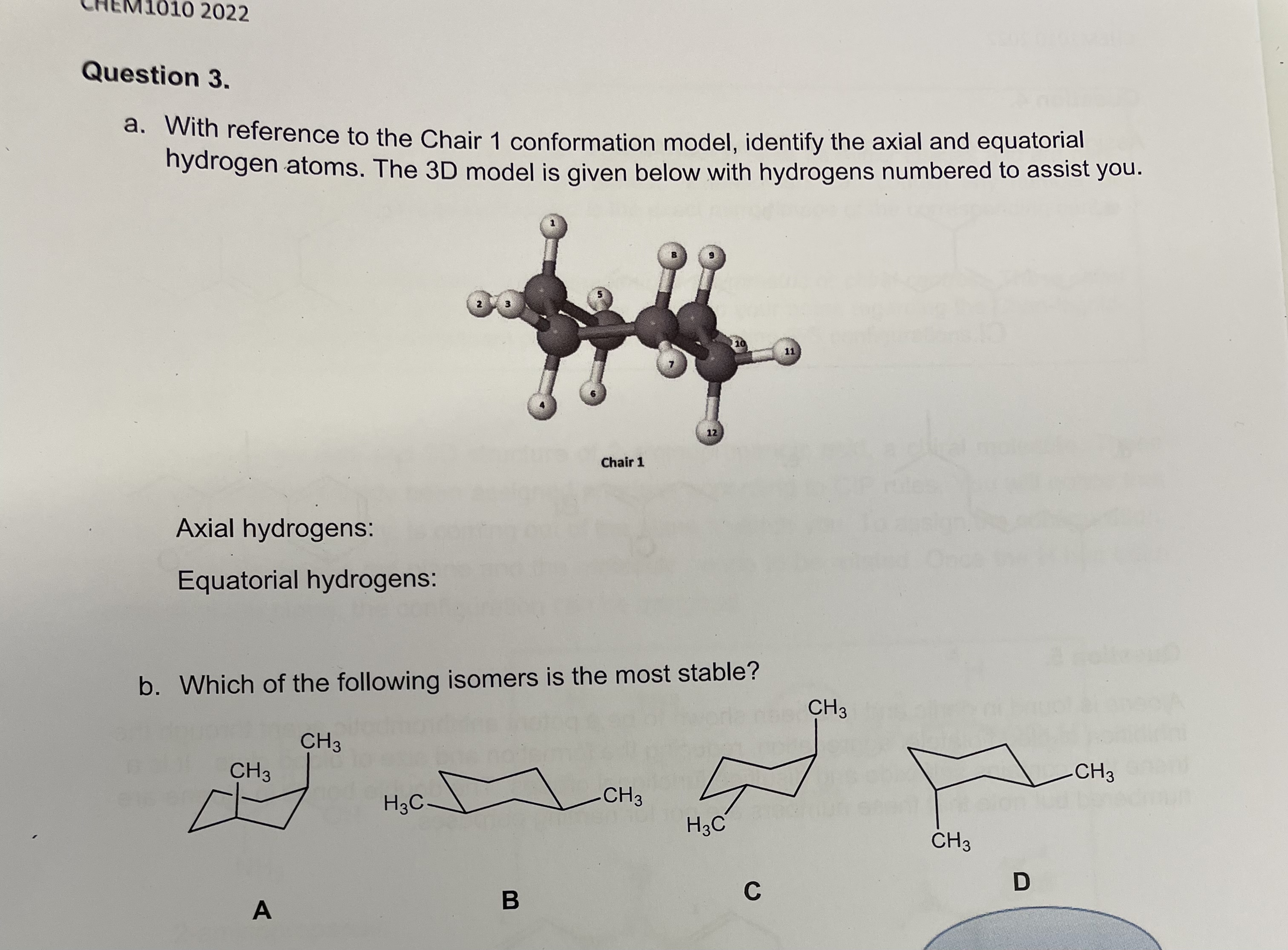 Solved a. With reference to the Chair 1 conformation model, | Chegg.com