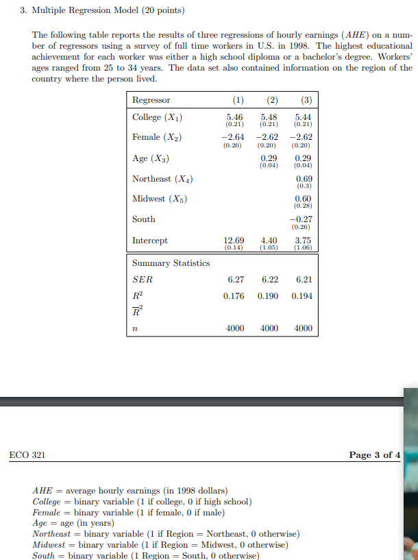 Solved 3. Multiple Regression Model (20 points) The | Chegg.com