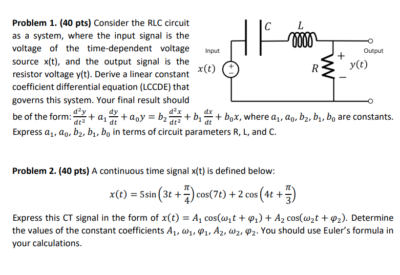 Solved Problem 1. ( 40 ﻿pts) ﻿Consider the RLC circuitas a | Chegg.com
