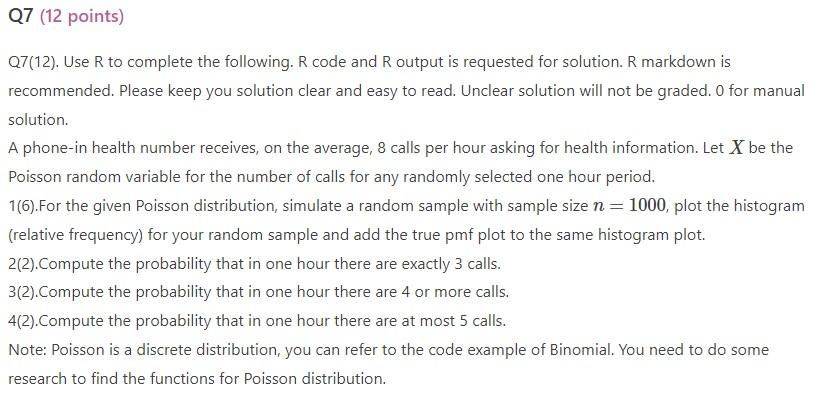 Solved Q7(12). Use R to complete the following. R code and R | Chegg.com