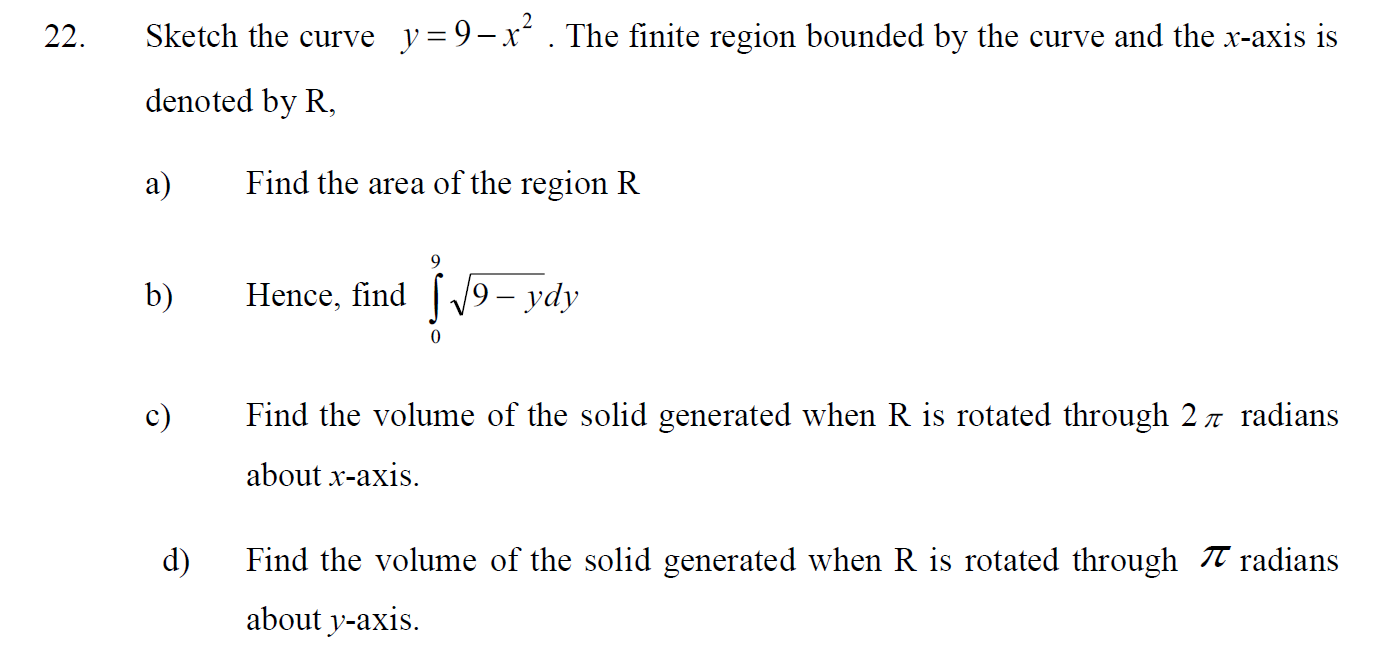 Sketch the curve y=9-x2. ﻿The finite region bounded | Chegg.com