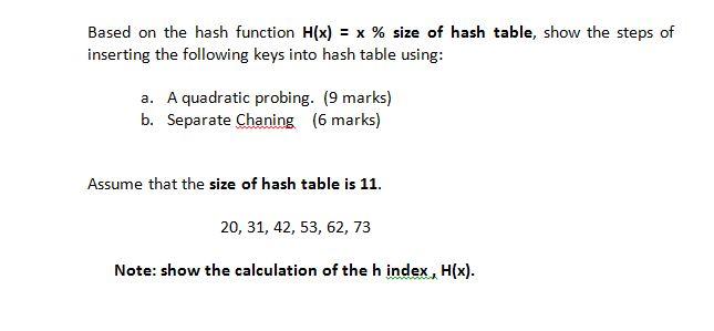 Solved Based on the hash function H(x) = x % size of hash | Chegg.com