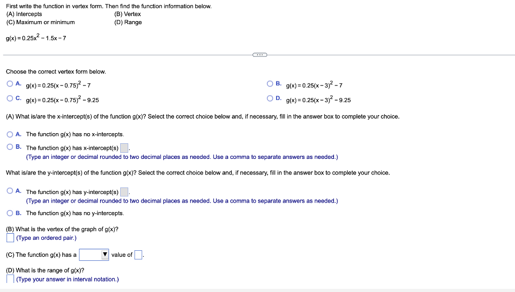 Solved First write the function in vertex form. Then find | Chegg.com