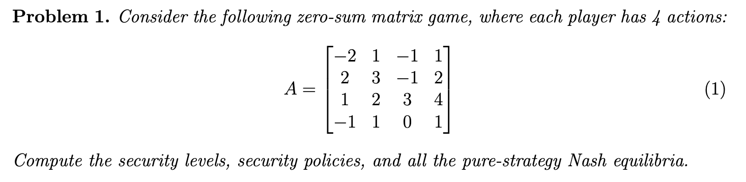 Problem 1. Consider the following zero-sum matrix | Chegg.com