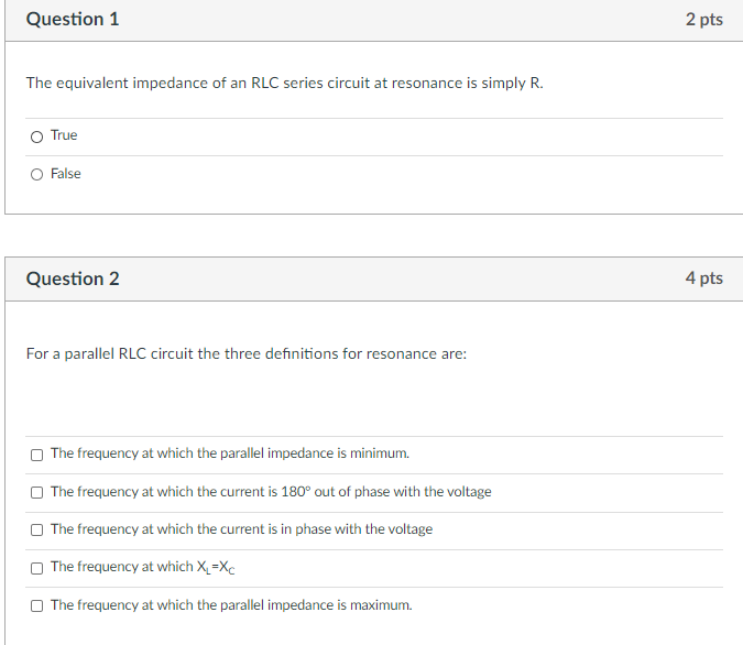 Solved Question 1 2 pts The equivalent impedance of an RLC | Chegg.com