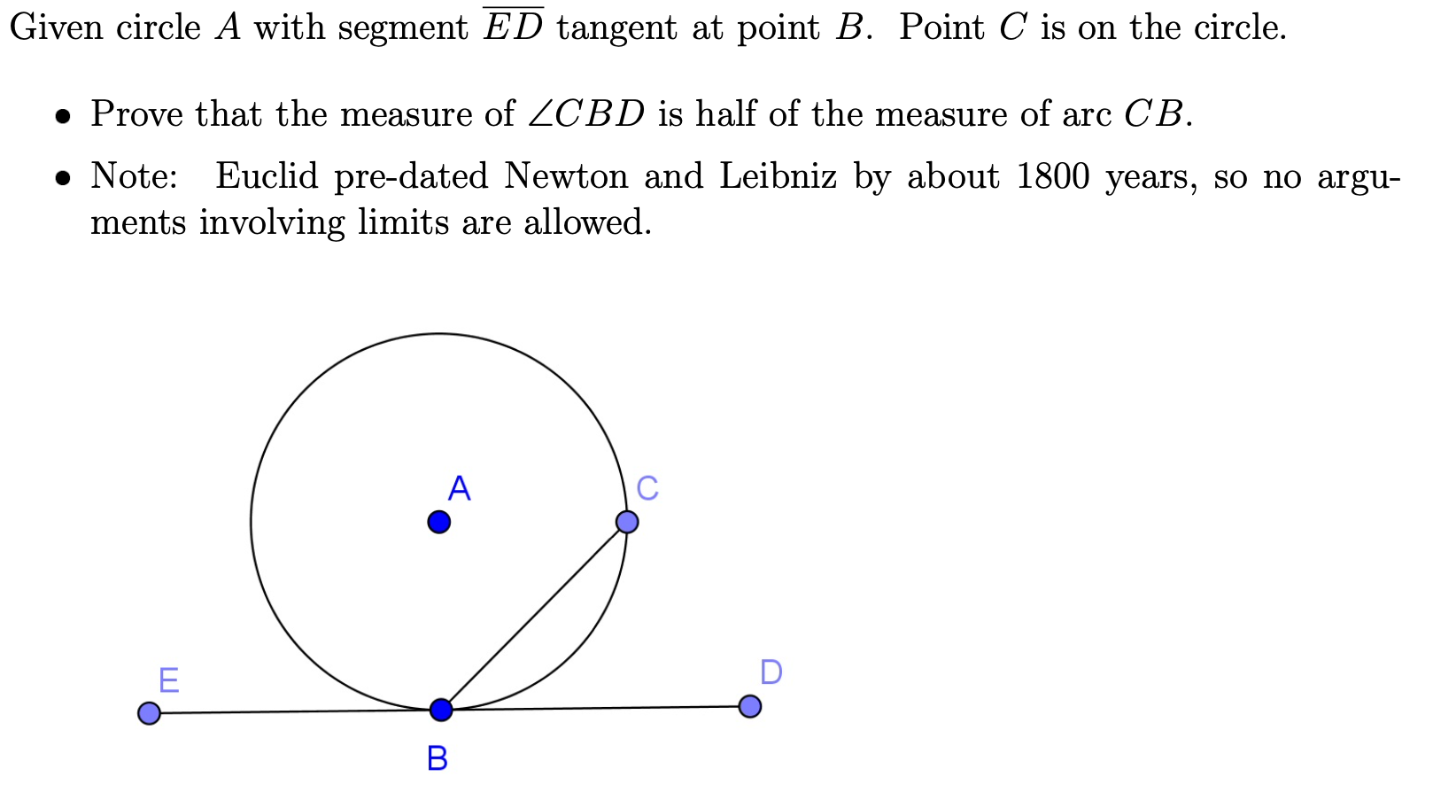 Solved Given circle A with segment ED tangent at point B. | Chegg.com