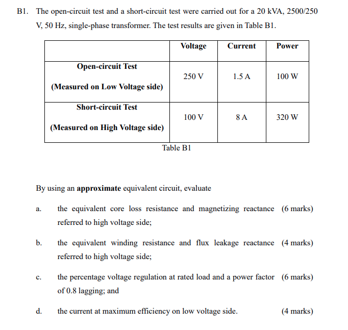 Solved B1. The open-circuit test and a short-circuit test | Chegg.com