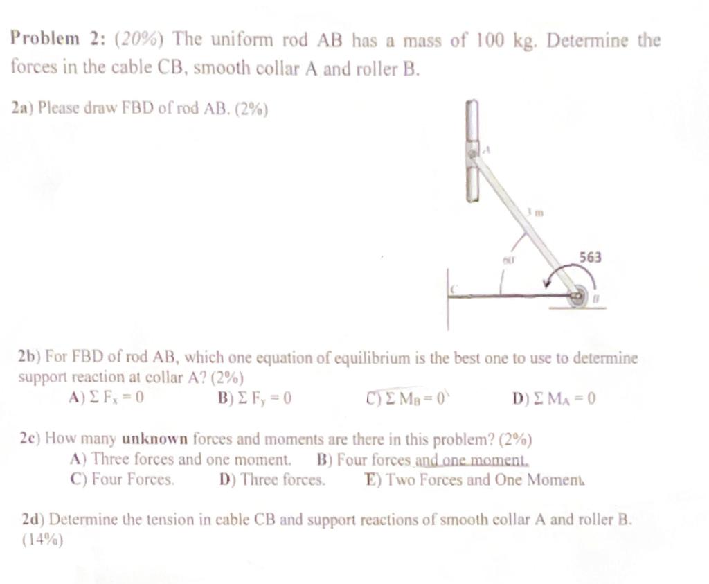 Solved Problem 2: (20%) The uniform rod AB has a mass of 100 | Chegg.com