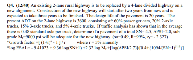 Solved Q4. (12/40) An existing 2-lane rural highway is to be | Chegg.com