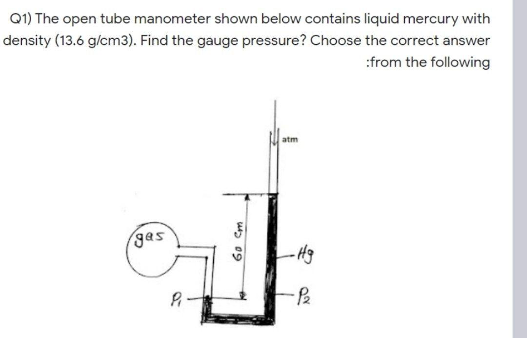 Solved Q1) The open tube manometer shown below contains | Chegg.com