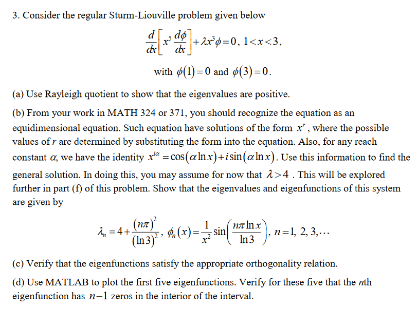 3. Consider the regular Sturm-Liouville problem given | Chegg.com