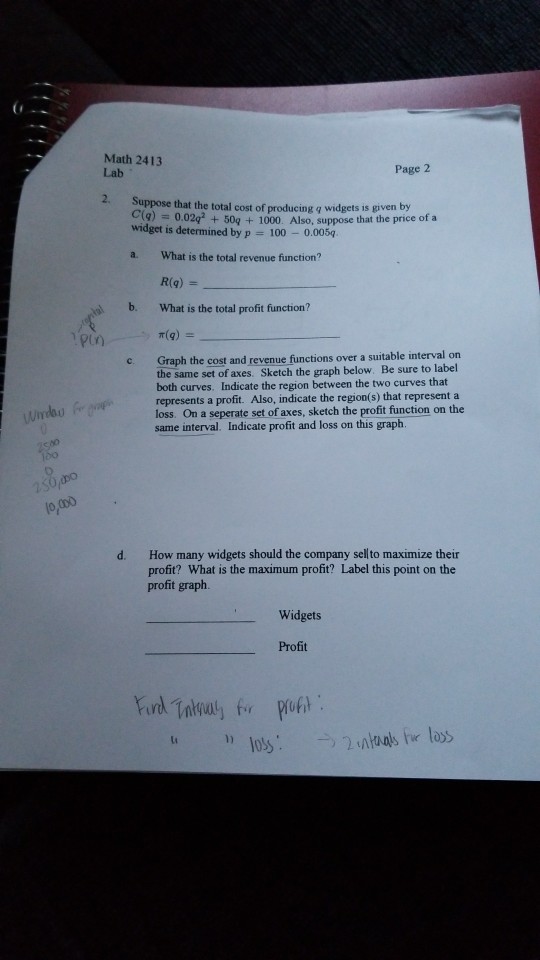Solved Math 2413 Lab Page 2 2. Suppose that the total cost | Chegg.com