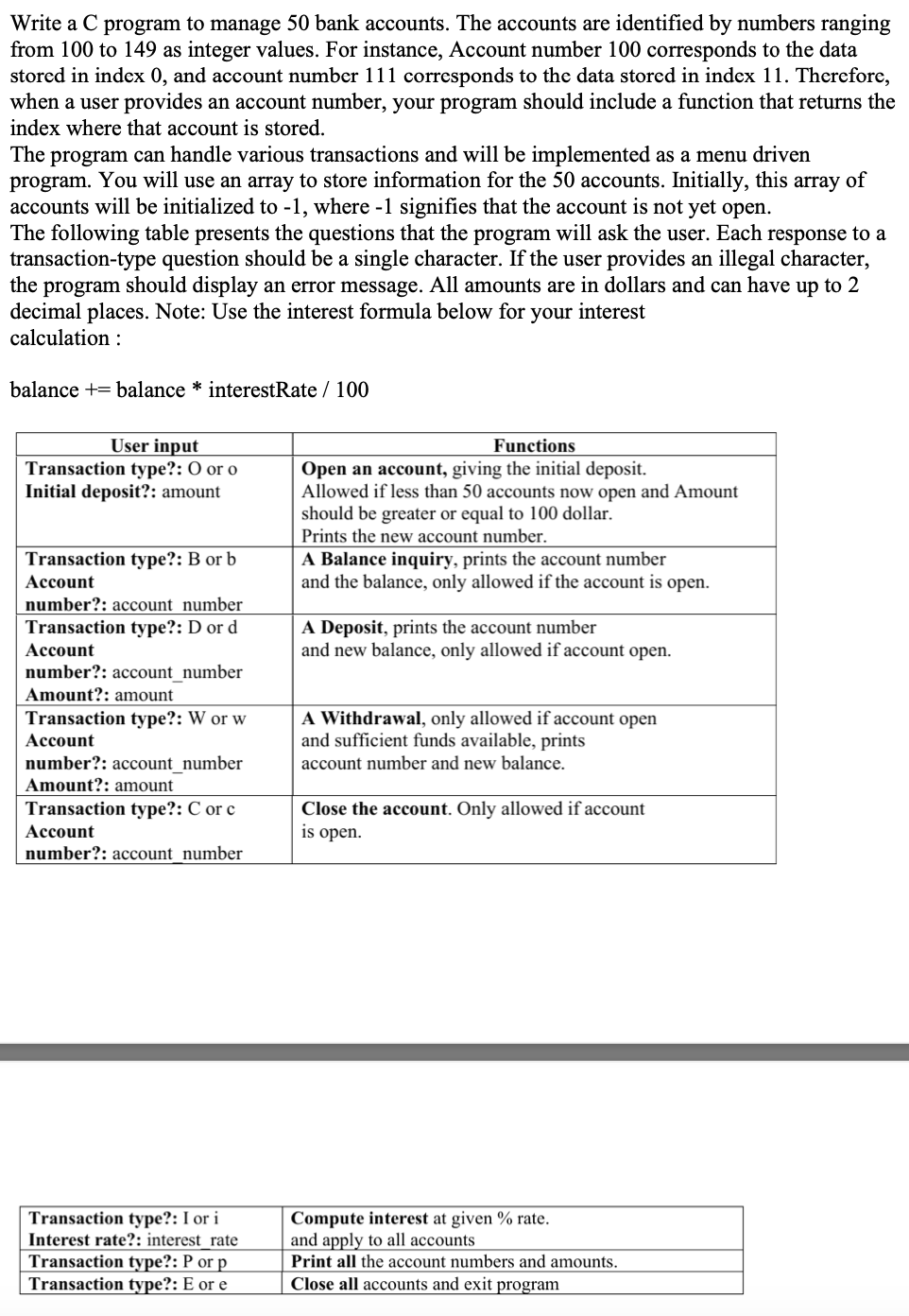 Solved Write a C program to manage 50 ﻿bank accounts. The | Chegg.com