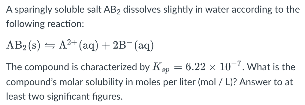 Solved A sparingly soluble salt AB2 dissolves slightly in | Chegg.com