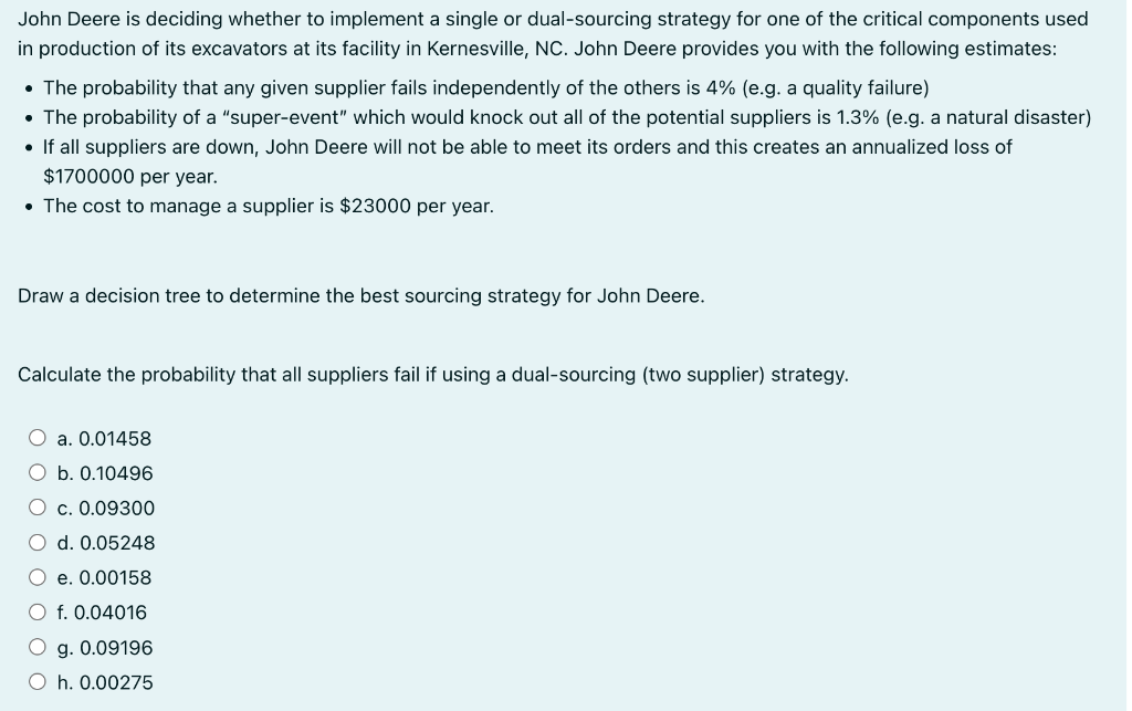 Solved John Deere is deciding whether to implement a single | Chegg.com