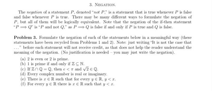 Solved 3. NEGATION The negation of a statemnt P, denoted | Chegg.com