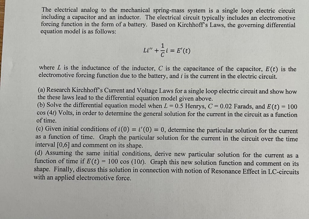 Solved The electrical analog to the mechanical spring-mass | Chegg.com