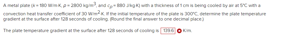 Solved A metal plate (k=180 W/m⋅K,ρ=2800 kg/m3, and cp=880 | Chegg.com