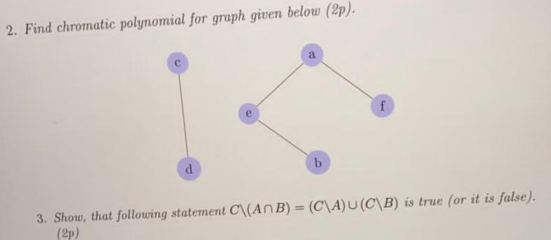 Solved 2. Find chromatic polynomial for graph given below | Chegg.com