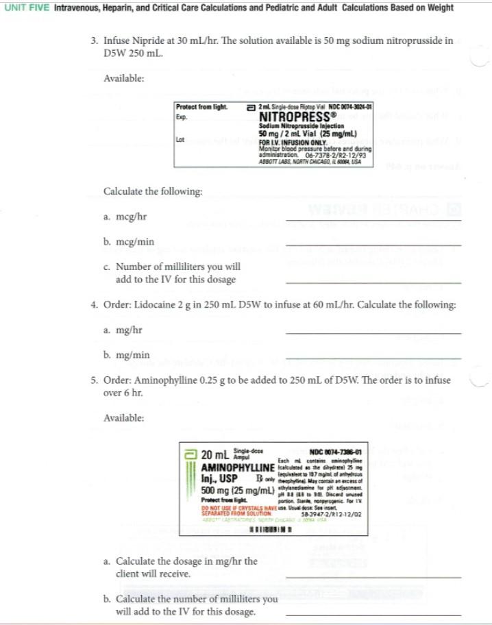 Solved 3. Infuse Nipride at 30 mL/hr. The solution available | Chegg.com