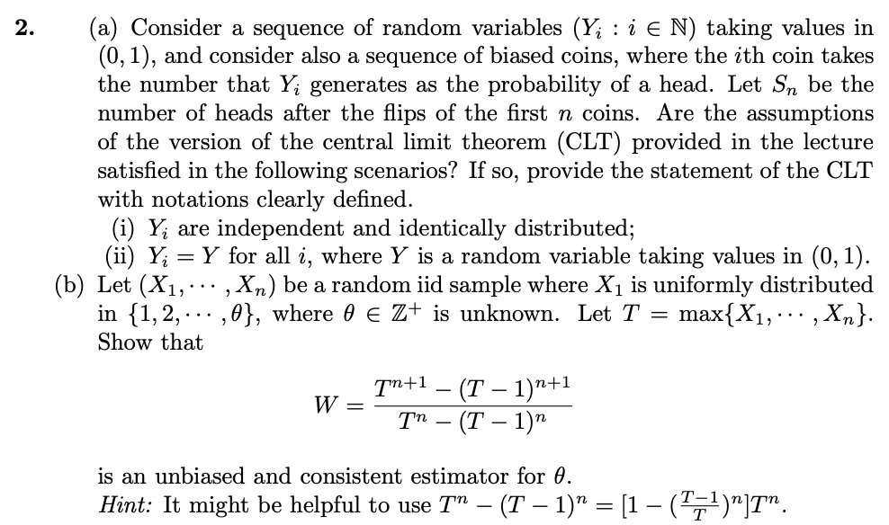 2. (a) Consider a sequence of random variables (Y; : | Chegg.com