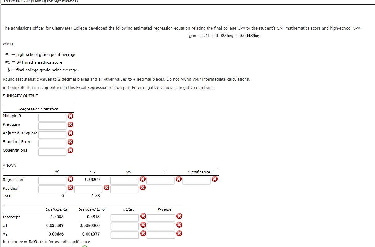 Exercise 15.47 (Testing for Significance) The | Chegg.com