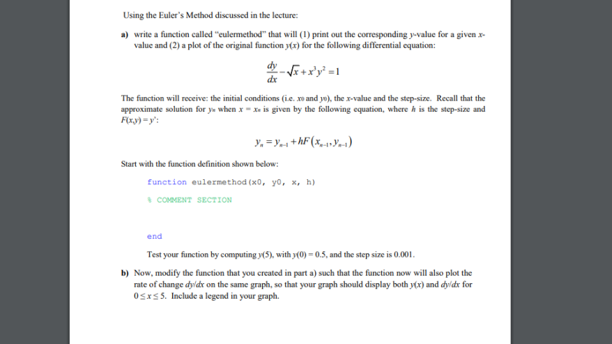 Using the Euler's Method discussed in the lecture: a) | Chegg.com