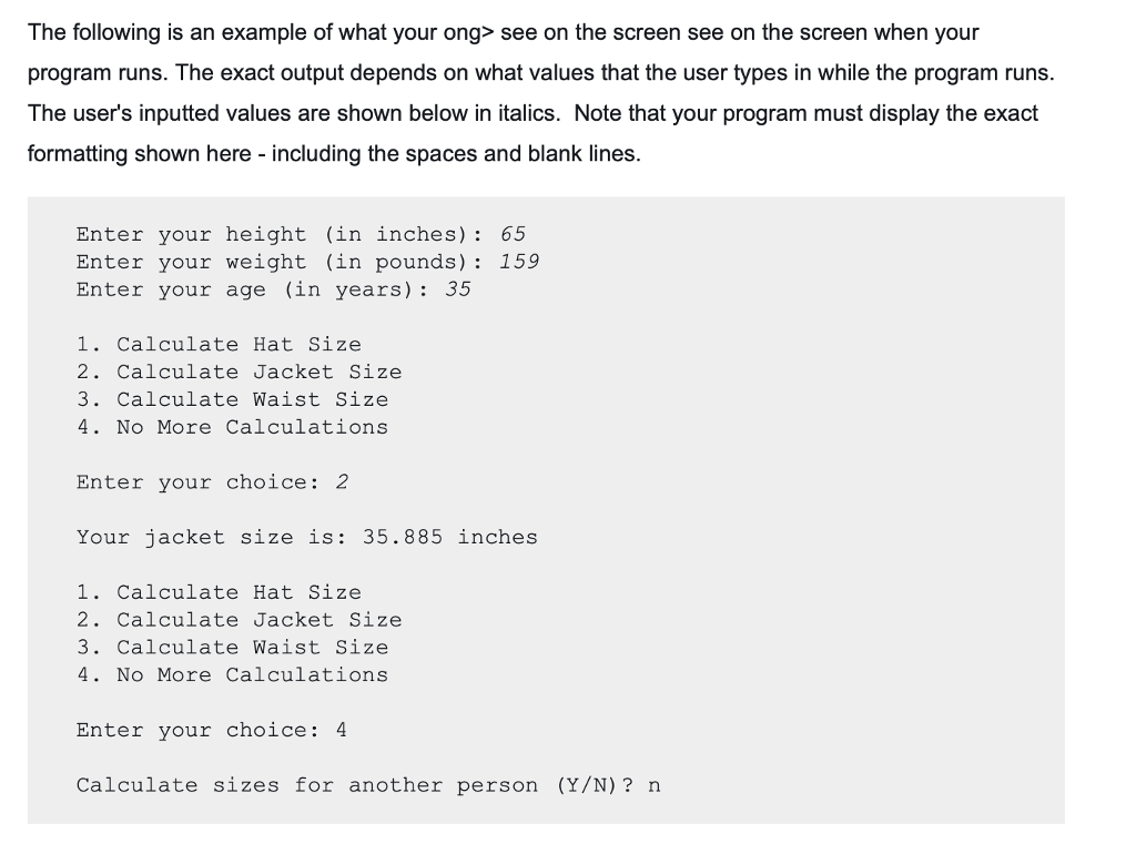 the project Create the entire Sizes program. Begin by | Chegg.com