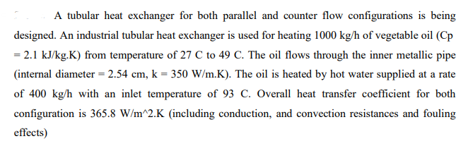 Solved A tubular heat exchanger for both parallel and | Chegg.com