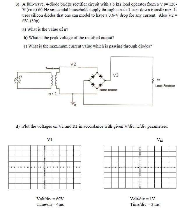 Solved 3) A full-wave, 4-diode bridge rectifier circuit with | Chegg.com