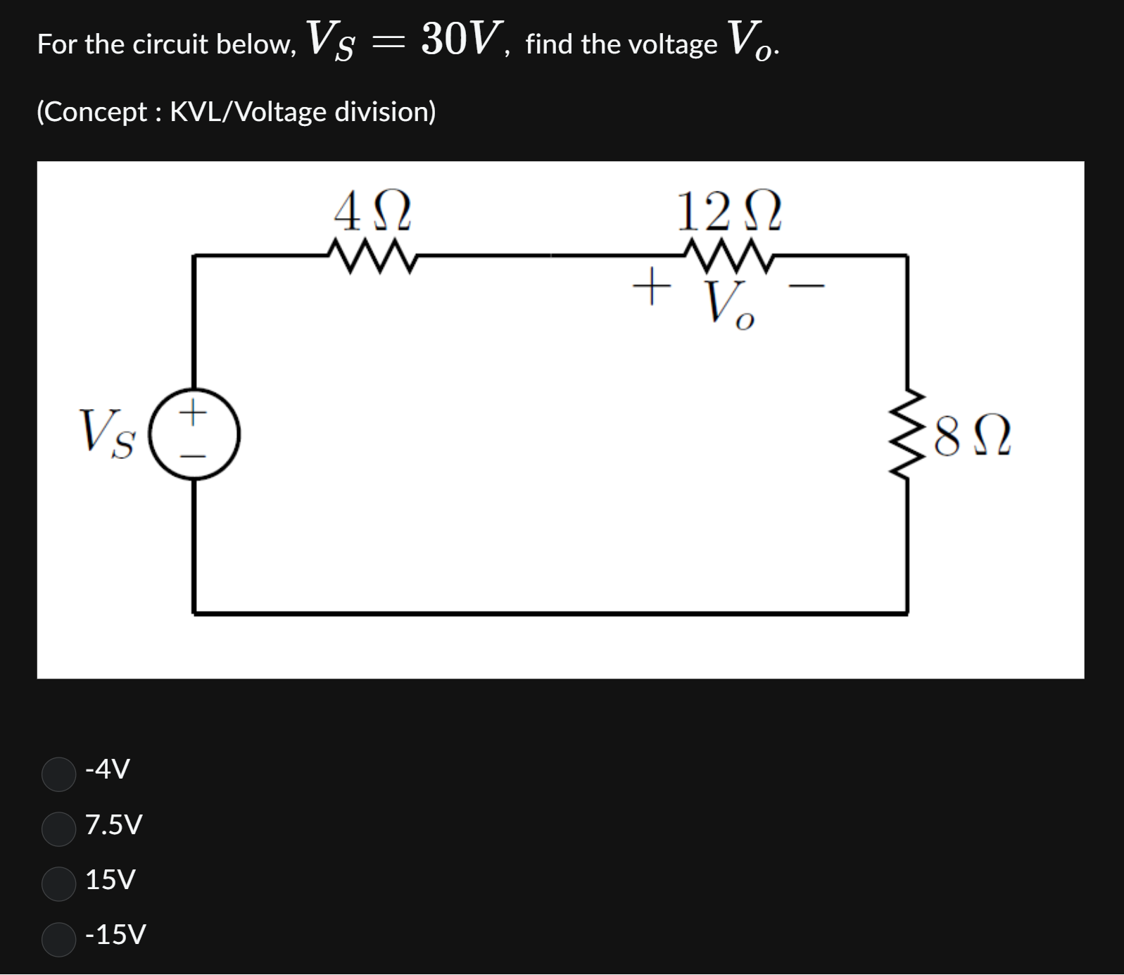 Solved For the circuit below, VS=30V, ﻿find the voltage | Chegg.com